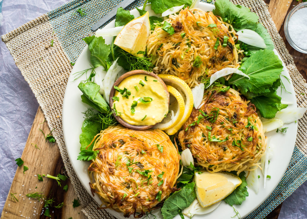 Angel Hair Crab Cakes with Saffron Aioli - Rhubarb and Cod