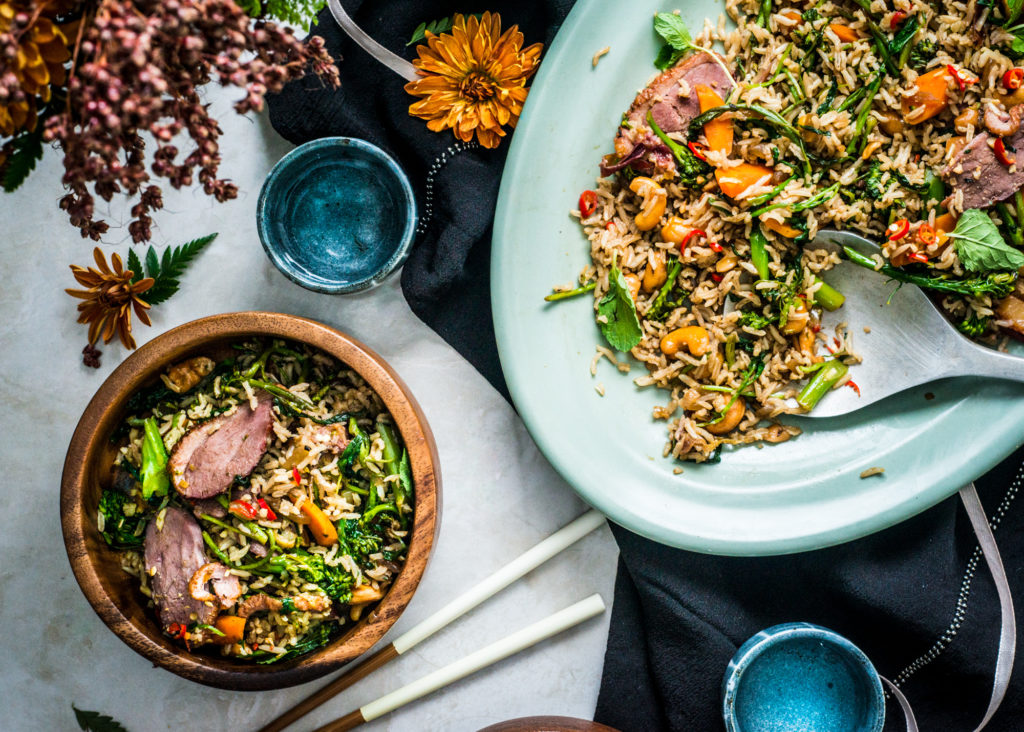 Duck Fried Rice with Blue Plums & Cashews - Rhubarb and Cod